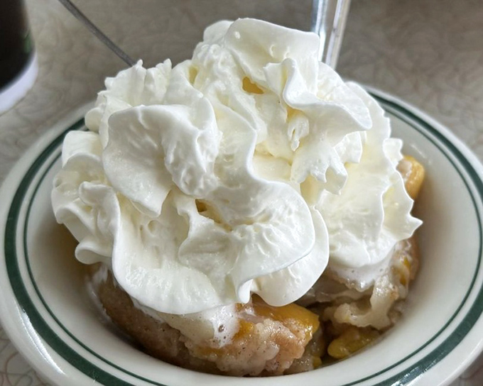 This isn't just whipped cream on dessert—it's a cumulus cloud of dairy perfection crowning what appears to be heavenly peach cobbler.