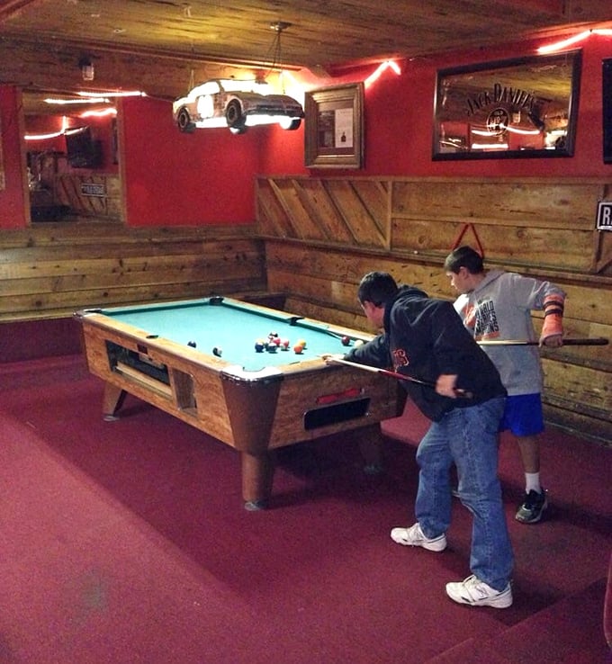 The pool room offers a modern diversion in this historical setting, where competitive spirits have found outlets for generations.