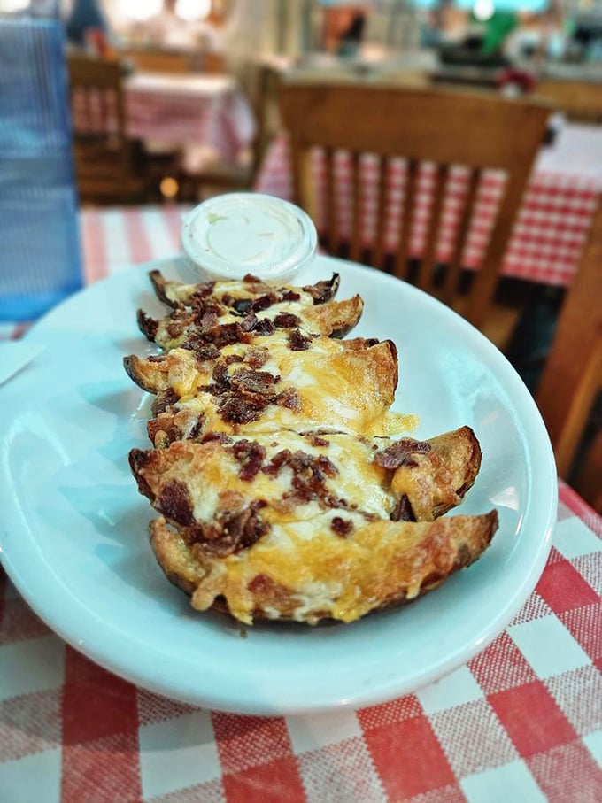 Loaded potato skins – where cheese, bacon, and potato unite in a triumvirate of comfort food perfection that demands to be shared.