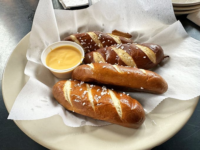 Pretzel sticks with the perfect balance of chew and salt—like bread that went to finishing school and came back with an attitude and cheese sauce.