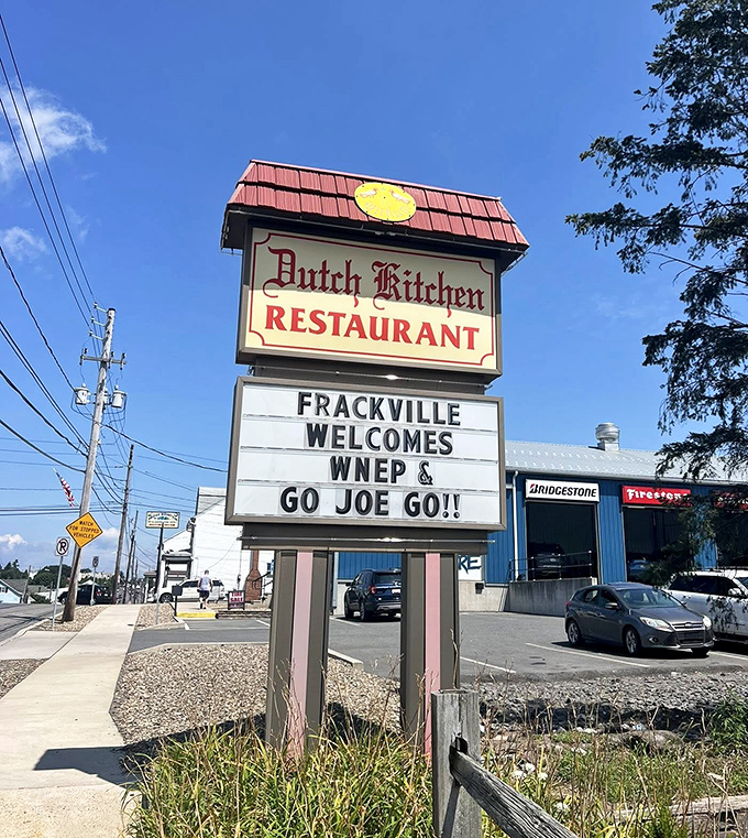 The roadside sign announces your arrival at Dutch Kitchen—where Frackville welcomes visitors with small-town pride and big-time flavor.