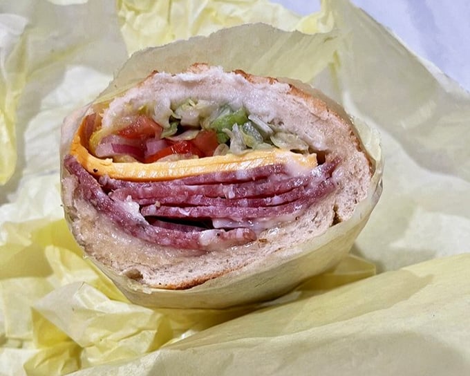 This salami sandwich isn't just stacked—it's architecturally sound, a testament to the engineering marvel that is proper sandwich construction.