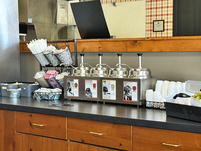 The sauce station—where barbecue customization reaches art form status. Each pump delivers liquid personality to your already perfect plate.