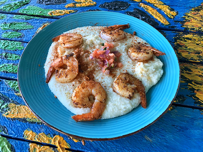Shrimp and grits that would make a Southerner weep with joy. Those blackened shrimp aren't just sitting on the grits – they're crowning them.