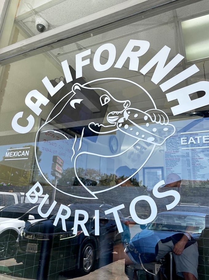 The California bear logo says it all. This cartoon mascot might be the happiest bear in California – he gets to eat these burritos every day.