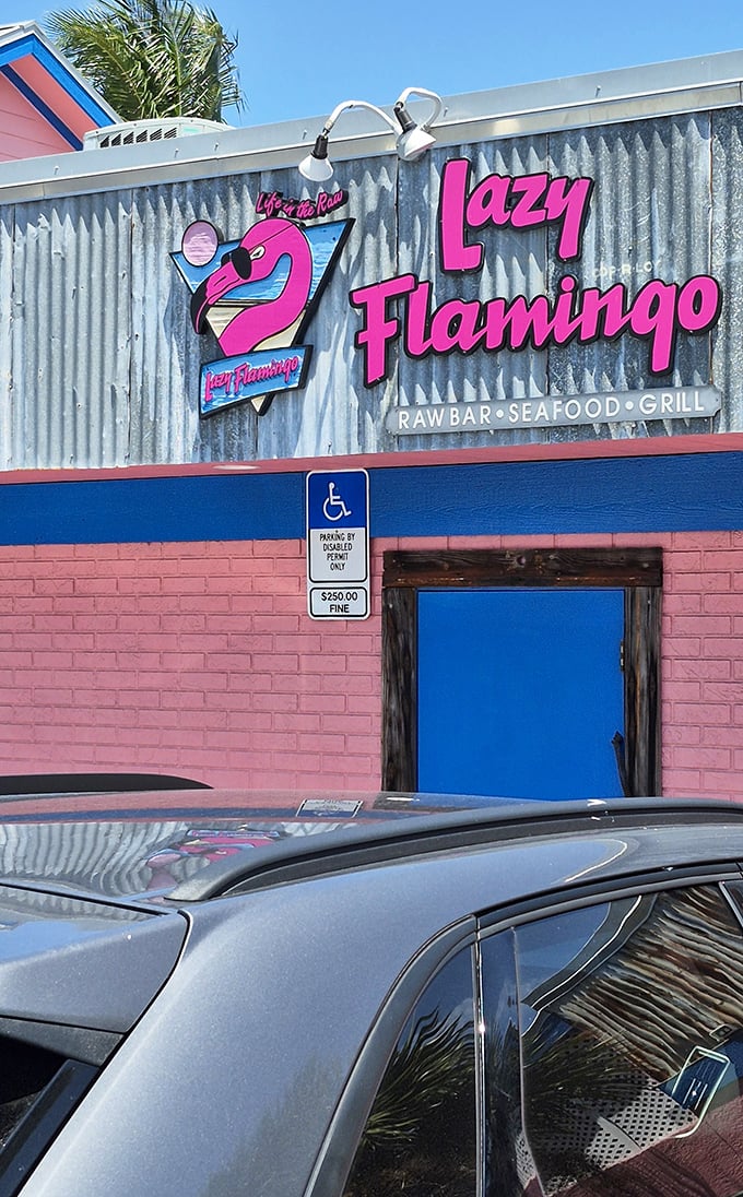 Pink walls and blue doors—the Lazy Flamingo wears Florida's colors with pride. This entrance has welcomed seafood lovers for generations.