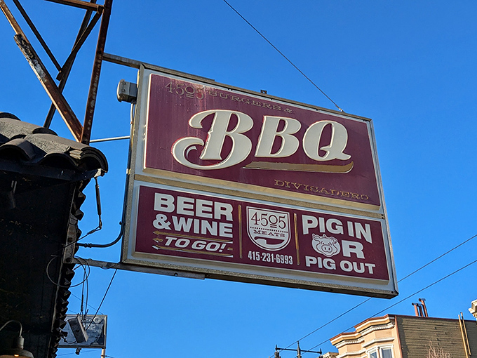 That vintage-style sign isn't just advertising—it's a beacon of hope for the barbecue-deprived souls of San Francisco.