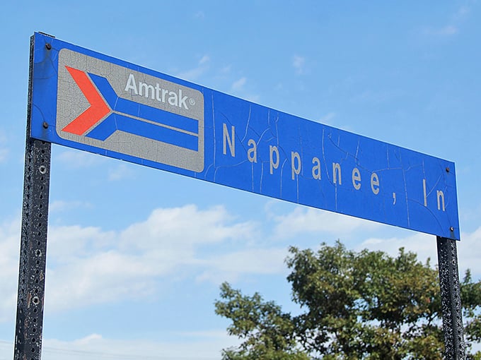 The weathered Amtrak sign stands as both invitation and promise—Nappanee may be small, but it's connected to the wider world.