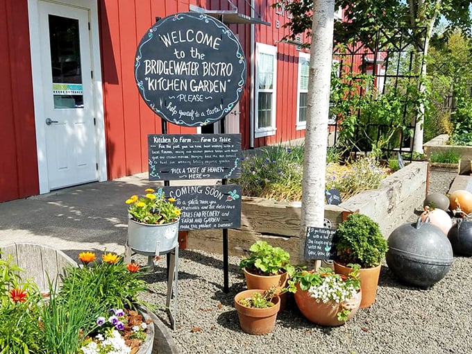 The kitchen garden sign doesn't just advertise fresh herbs—it's broadcasting a food philosophy that begins in the soil outside.