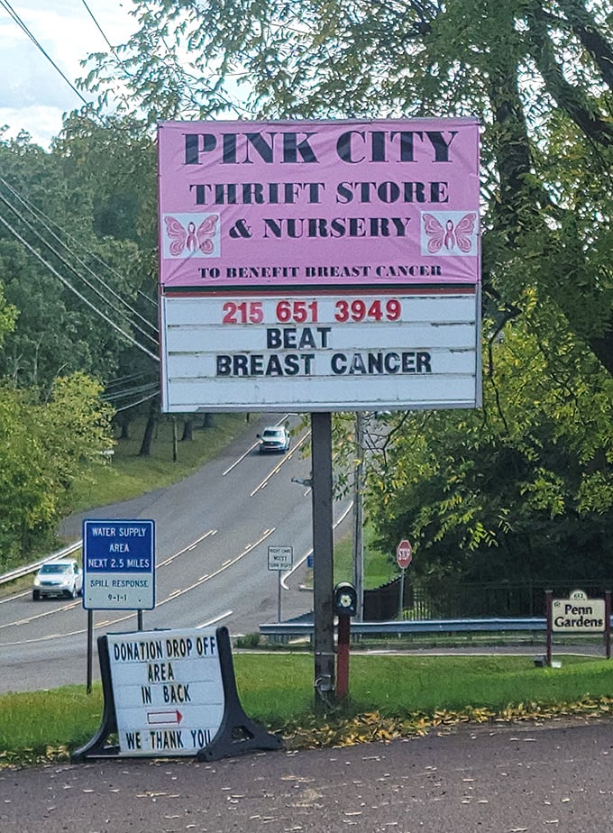 The Pink City sign stands tall against Pennsylvania's lush greenery – a beacon for bargain hunters and a reminder that every purchase helps beat breast cancer.