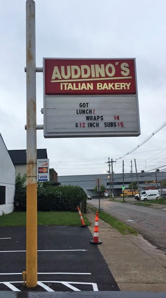 The sign asks the most important question of the day: "Got lunch?" Auddino's has the answer, wrapped in fresh-baked perfection.