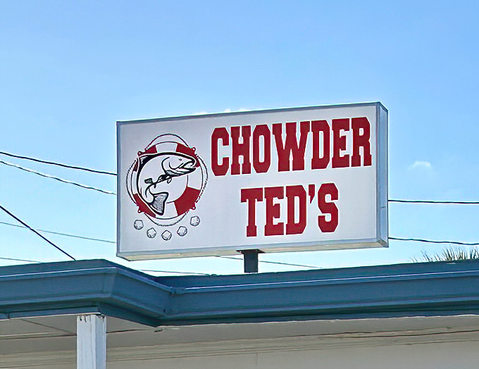 The sign that beckons seafood lovers from miles around. Simple, straightforward, and promising exactly what it delivers—chowder that'll haunt your dreams.