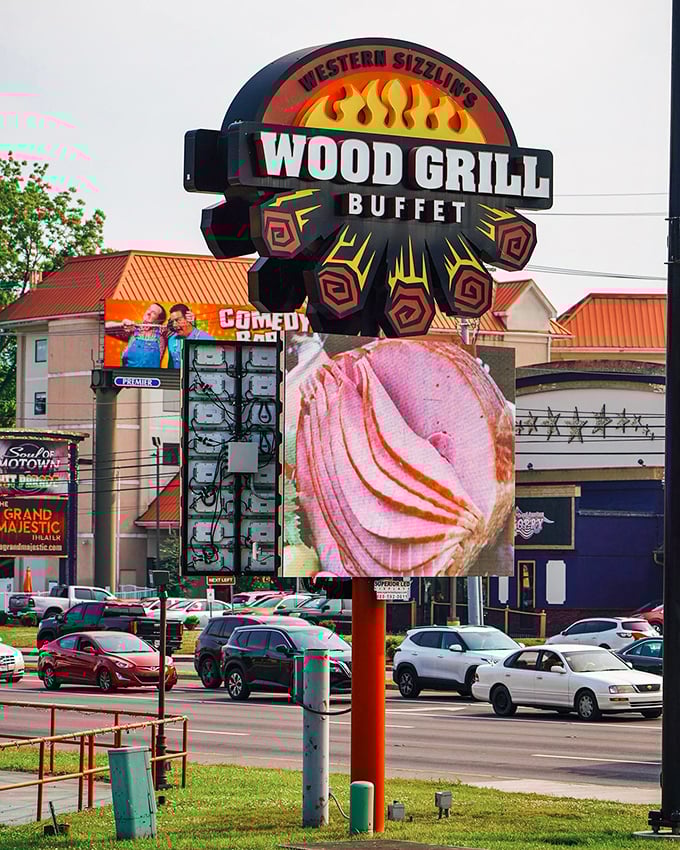 A sign that promises Western sizzling and delivers—standing tall among Pigeon Forge's attractions like a beacon for the hungry.
