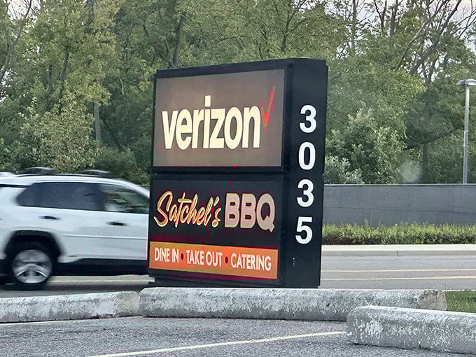 Even the roadside sign knows what's important: "BBQ" in big letters. No further explanation needed for those with functioning taste buds.
