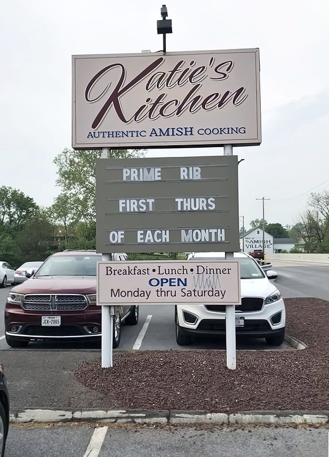 The sign proudly announces "Authentic Amish Cooking" and teases monthly Prime Rib specials—a roadside beacon for hungry travelers and locals alike.