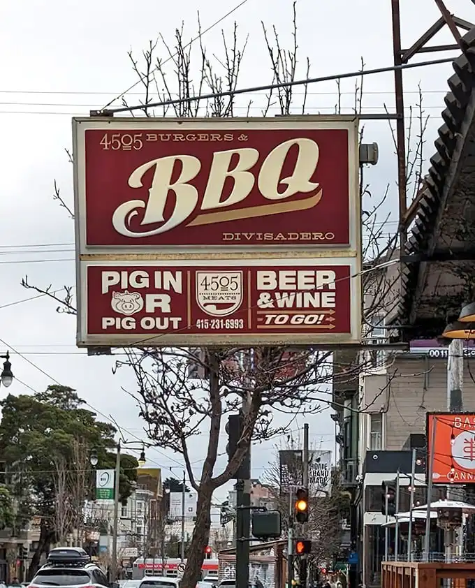 The iconic sign that's become a beacon for BBQ pilgrims. "Pig In or Pig Out"—a philosophy we can all get behind.