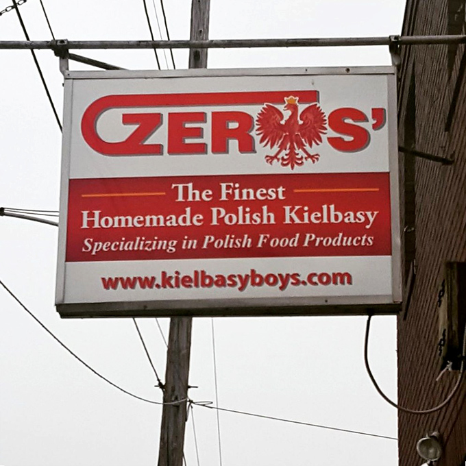 The sign says "Finest Homemade Polish Kielbasy" – possibly the most honest advertising you'll ever see in your life.