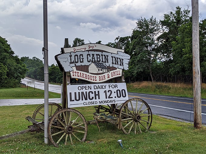 A sign that promises exactly what awaits inside: hearty meals in a welcoming setting. Those wagon wheels aren't just decoration—they're a nod to simpler times.
