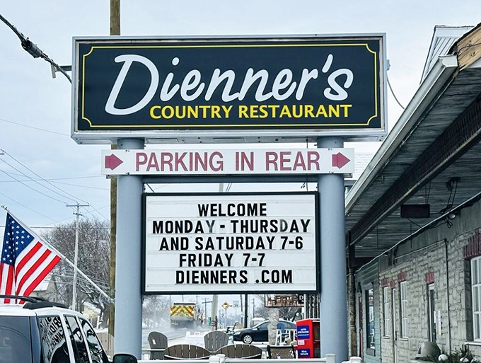 The daytime view of Dienner's sign—marking the spot where memorable meals and even more memorable food comas begin