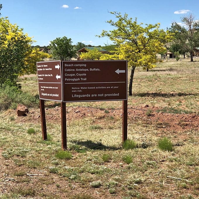Signs point the way to adventure, with that helpful reminder that swimming is at your own risk—translation: no lifeguards to judge your cannonball.