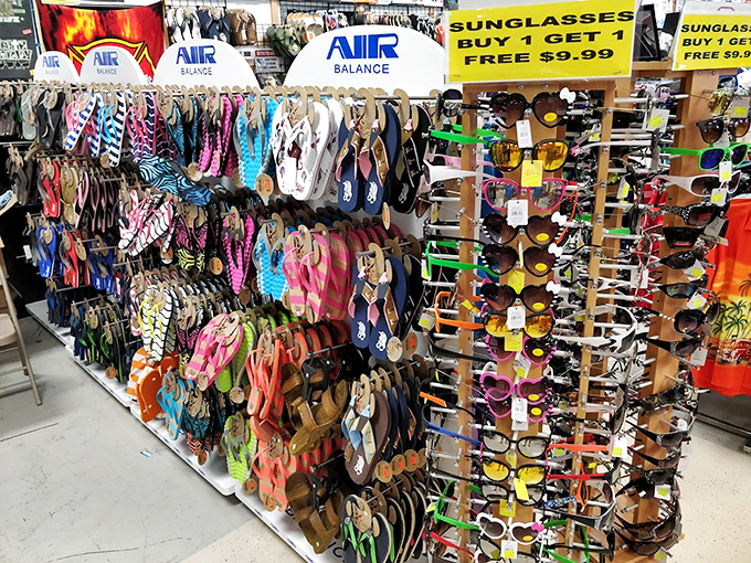 Flip-flops and sunglasses—the unofficial uniform of Myrtle Beach. This display offers enough options to change your vacation look daily for a month.