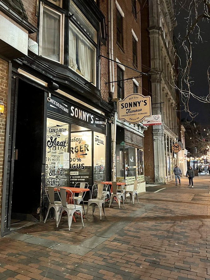 Even at night, Sonny's glows like a beacon for those seeking authentic Philadelphia flavor in the historic district.