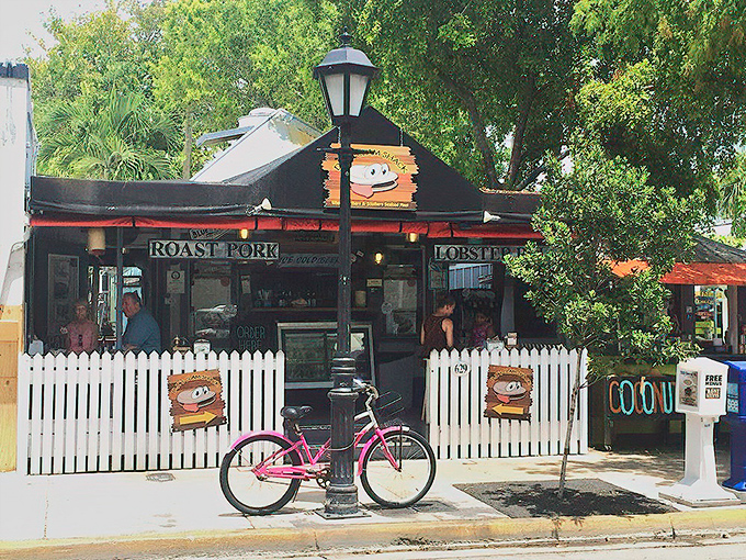A pink bicycle parked outside DJ's Clam Shack perfectly captures the Key West vibe—colorful, laid-back, and ready for your next adventure.