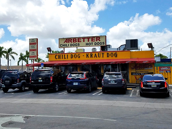 Under those puffy Florida clouds sits a yellow building that's more institution than restaurant. Cars fill the lot for good reason.