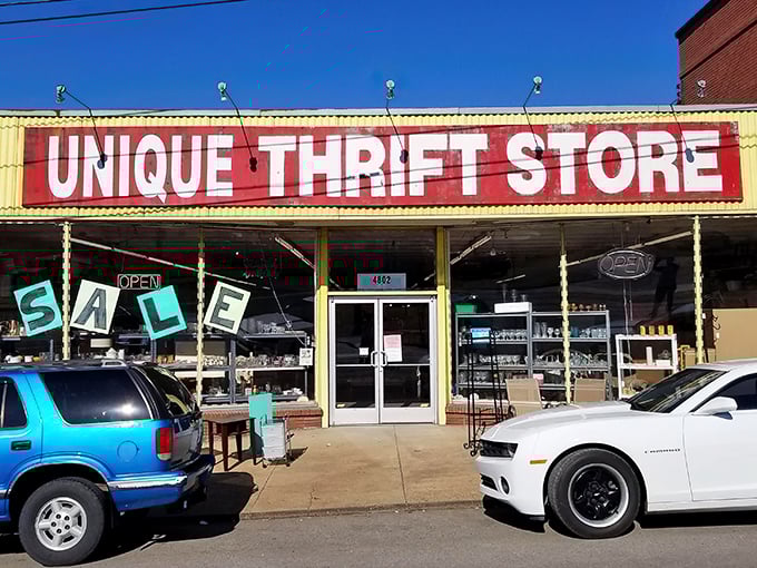 The mothership of secondhand shopping announces itself with no-nonsense signage. This is where the treasure hunt begins.