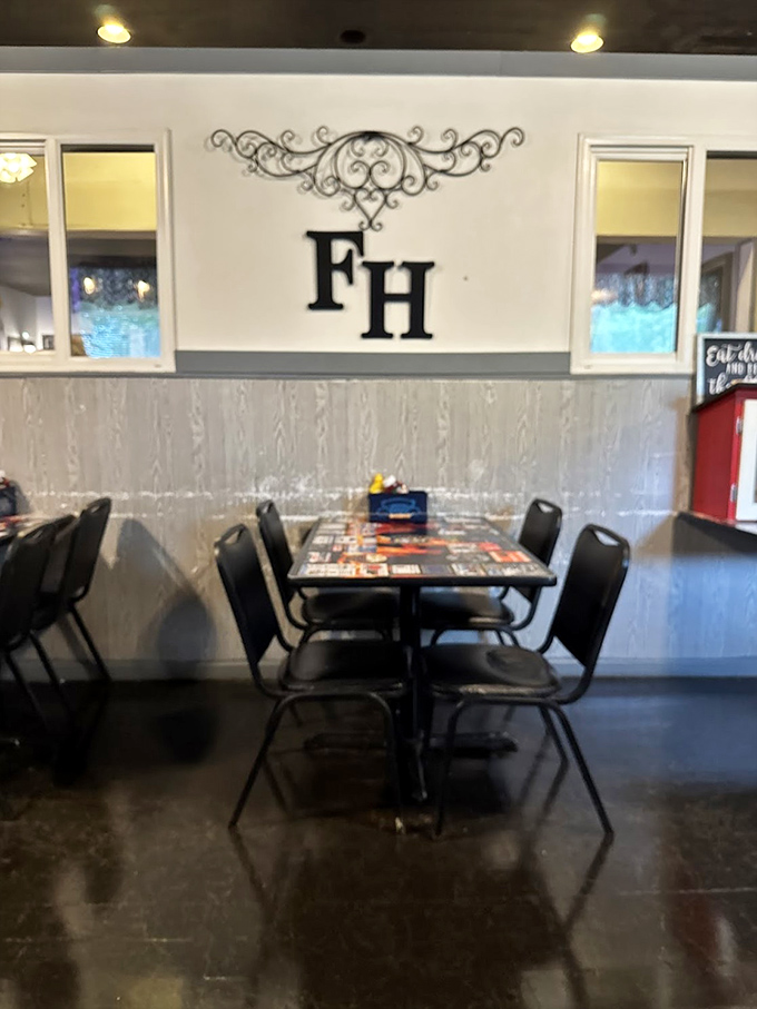 Simple, clean, and ready for action—this table setup says, "Important eating is about to happen here." The "FH" watches over like a culinary guardian.