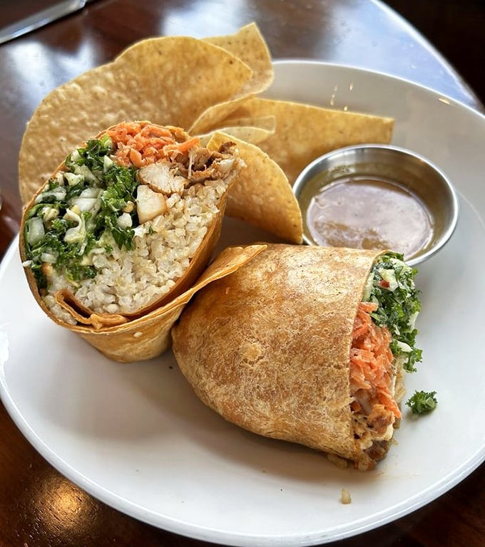 This burrito doesn't need a passport to deliver international flavors. The accompanying sauce isn't an afterthought—it's essential to the experience.