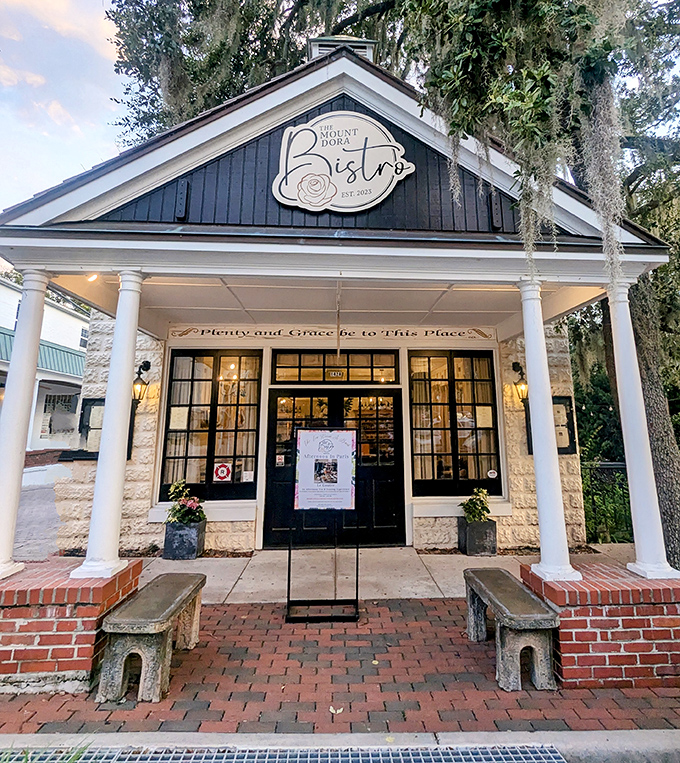 The Mount Dora Bistro welcomes diners with Southern charm and architectural grace. White columns and Spanish moss create the perfect prelude to comfort food.