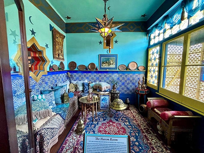 The aptly named "Harem Room" bursts with color—azure walls, cobalt tiles, and a star-studded ceiling creating an intimate space that feels worlds away from Florida's beaches.