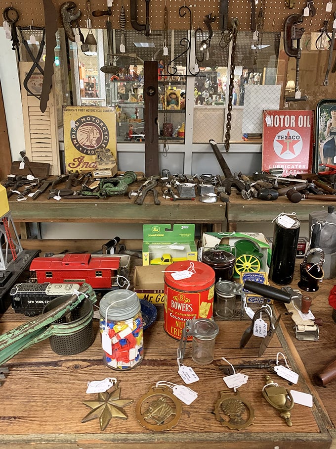 Tools that built America hang alongside the advertisements that sold them—a museum of masculinity from when "DIY" meant necessity, not weekend hobby.