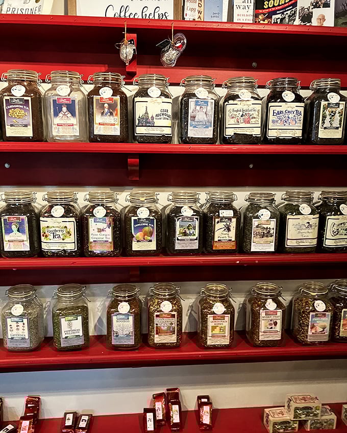 Coffee's sophisticated cousins line up in labeled jars – a tea library where each variety tells its own aromatic story.