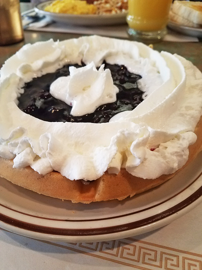 A blueberry waffle crowned with whipped cream—proof that sometimes the simplest pleasures are the most profound. Breakfast or dessert? Yes, please.