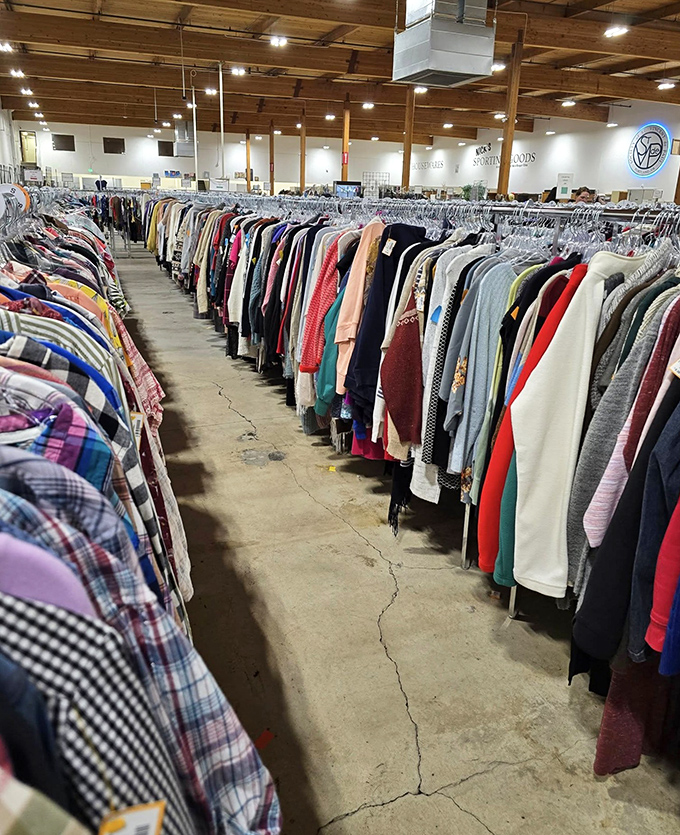 The clothing aisles stretch toward the horizon like fabric-laden canyons—each rack a potential goldmine of style waiting to be discovered.