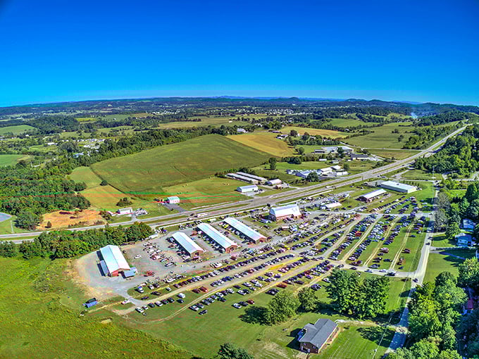 Bird's eye brilliance: the full majesty of Jonesborough Flea Market revealed—a temporary city of commerce nestled in Tennessee's rolling countryside.