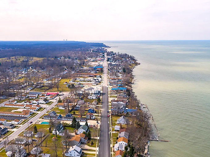 From above, Geneva reveals its perfect positioning—one foot in Lake Erie's refreshing waters, the other firmly planted in Ohio's heartland.