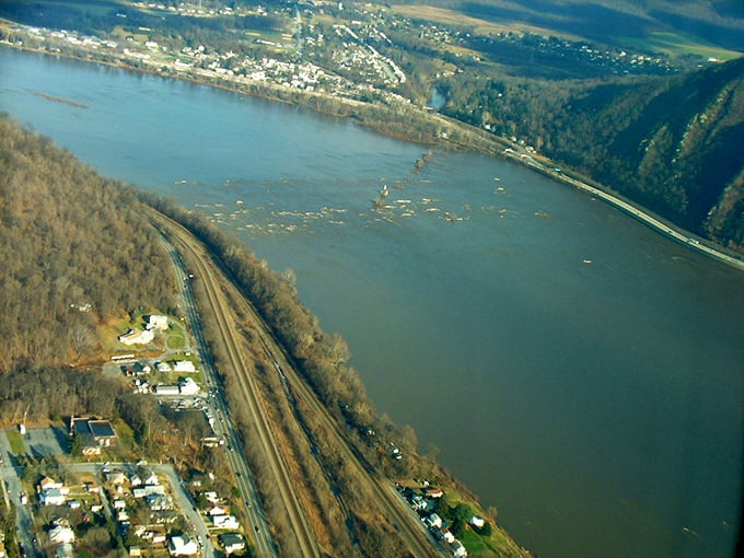 The mighty Susquehanna River curves alongside Bloomsburg, a silver ribbon connecting the town to Pennsylvania's natural heritage and transportation history.