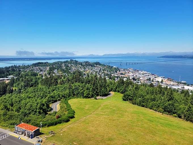 From above, Astoria reveals its perfect marriage of river, ocean, and small-town Pacific Northwest magic.