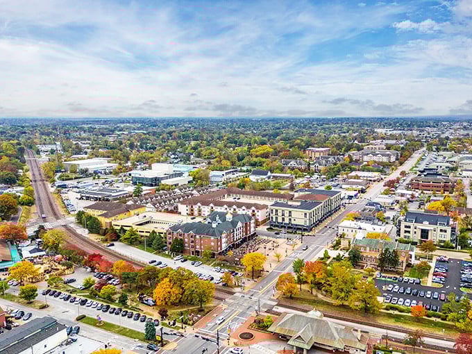 From above, Kirkwood reveals its true character—a carefully balanced tapestry of residential neighborhoods, green spaces, and vibrant downtown life.