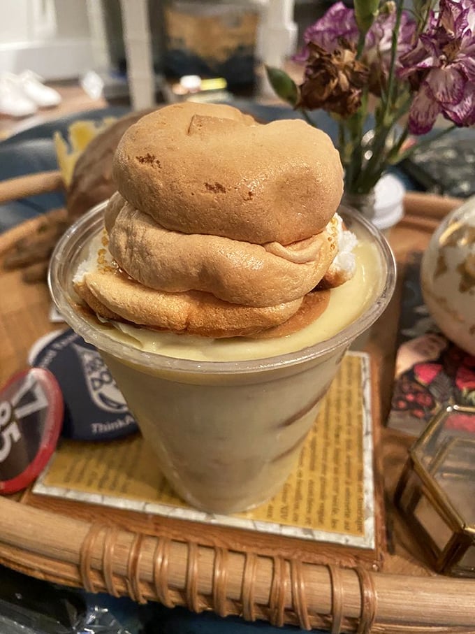 Banana pudding with a cloud-like meringue topper that makes you wonder why anyone bothers with fancy desserts. Southern comfort in a cup. 