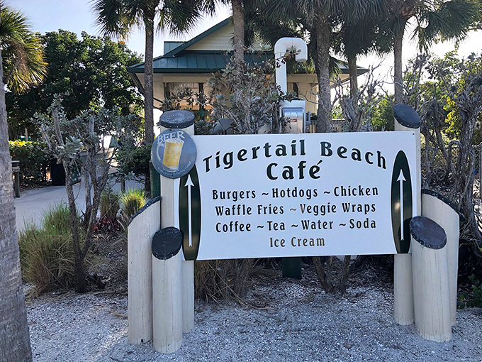 The Tigertail Beach Café sign promises simple pleasures. Because after battling the lagoon crossing, you've earned that ice cream cone.