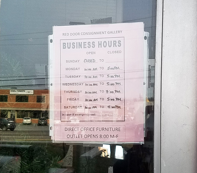 Business hours that prove even treasure hunting needs boundaries. The structured schedule of a place where time stands still once you're inside.