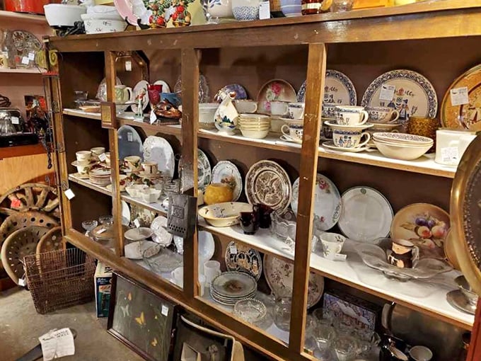 Delicate teacups and saucers waiting patiently for their next dinner party, where they'll upstage everything else on the table.