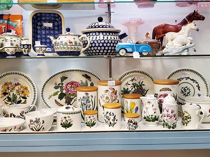 Polish pottery and decorative ceramics arranged with such precision that your grandmother would approve – and immediately ask about the teapot prices.