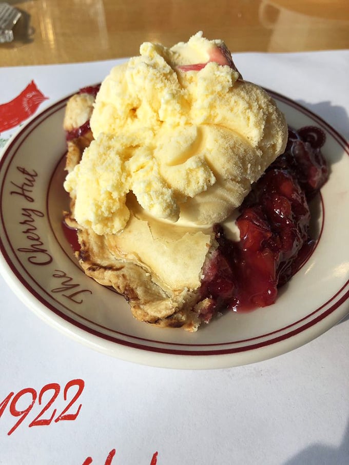 The star of the show – cherry pie à la mode. That perfect balance of tart cherries, flaky crust, and melting vanilla ice cream is worth the drive alone.