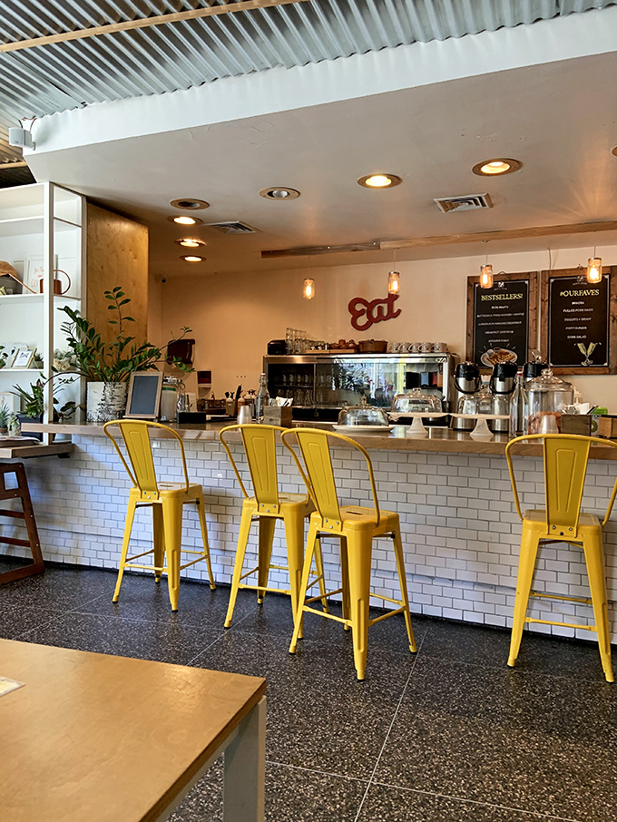The counter seating area—where coffee refills come quickly and you can watch breakfast magic happen in real time.