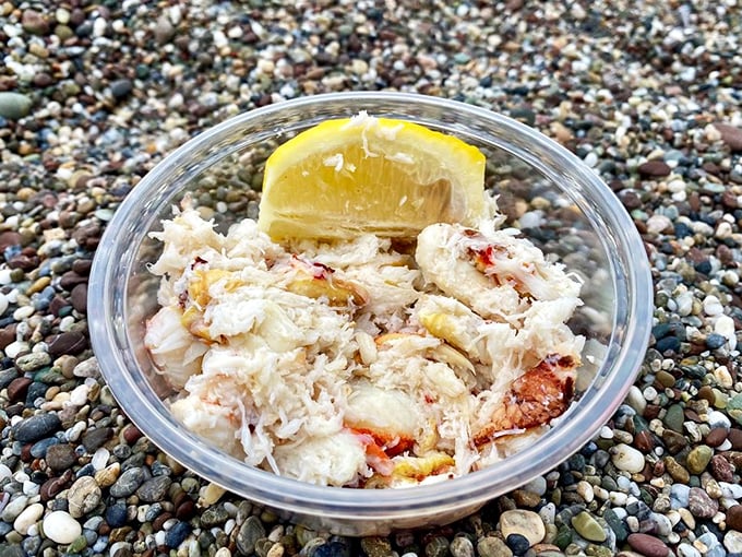 Pure, unadulterated crab meat with a lemon wedge – nature's perfect food requiring nothing more than your undivided attention. 